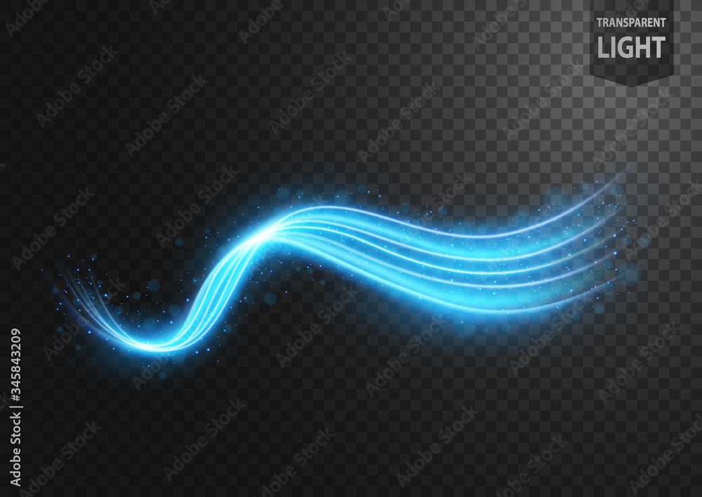 Abstract blue line of light with blue sparks, on a transparent ...