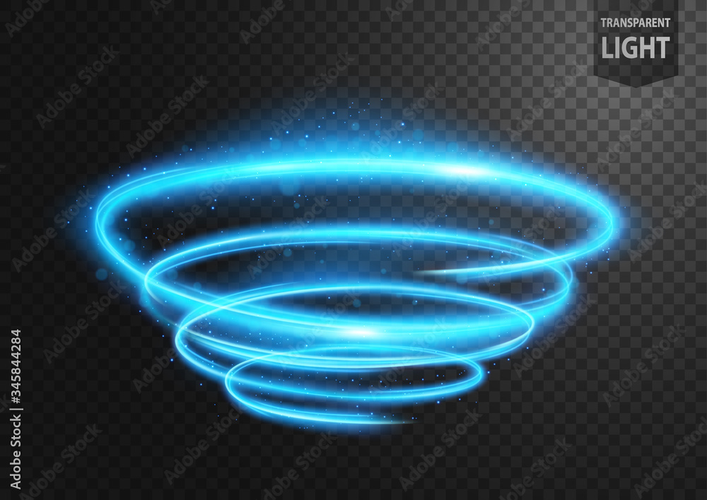 Abstract blue line of light with blue sparks, on a transparent ...