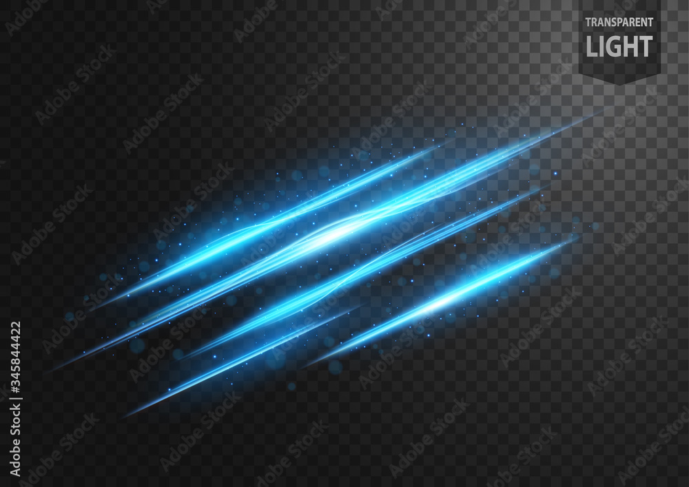 Abstract blue line of light with blue sparks, on a transparent ...