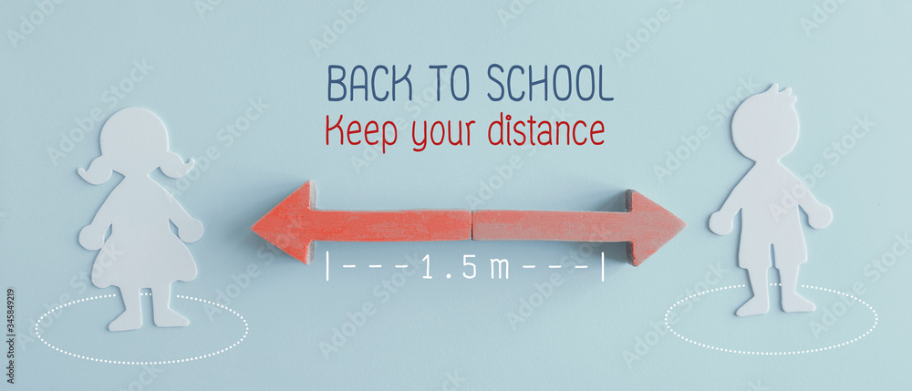 Boy and girl student paper cut with word keep your distance 1.5m ...