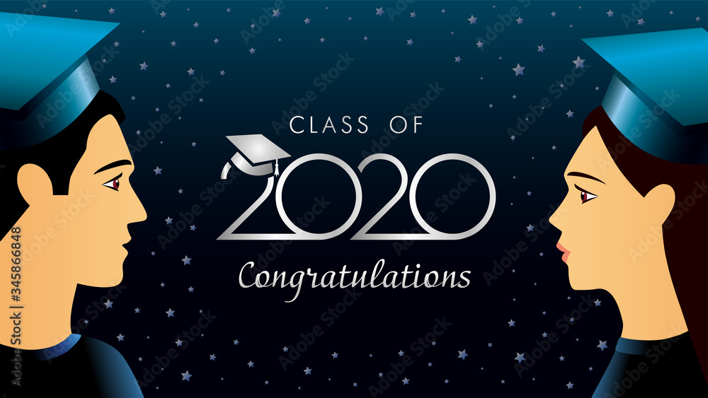 Class of 2020 Congratulations, students in academic hat. Lettering ...