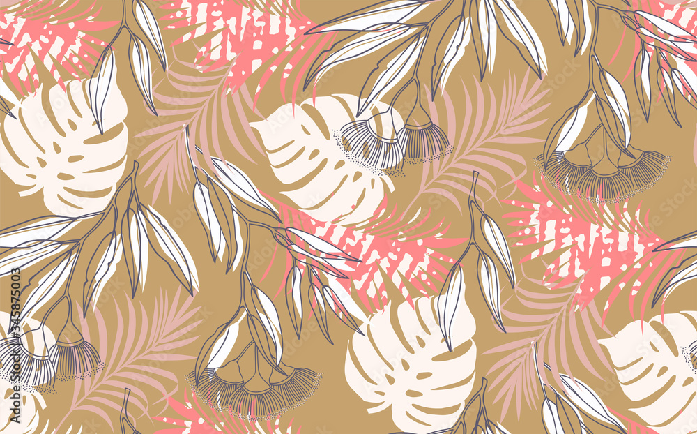 pattern seamless of tropical leaves, flowers on trend color background ...