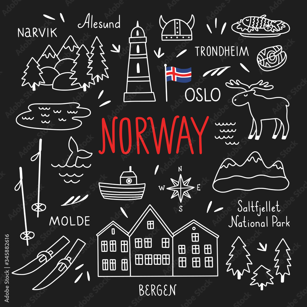 Norway symbols vector set. Outline scandinavian travel clipart on dark ...