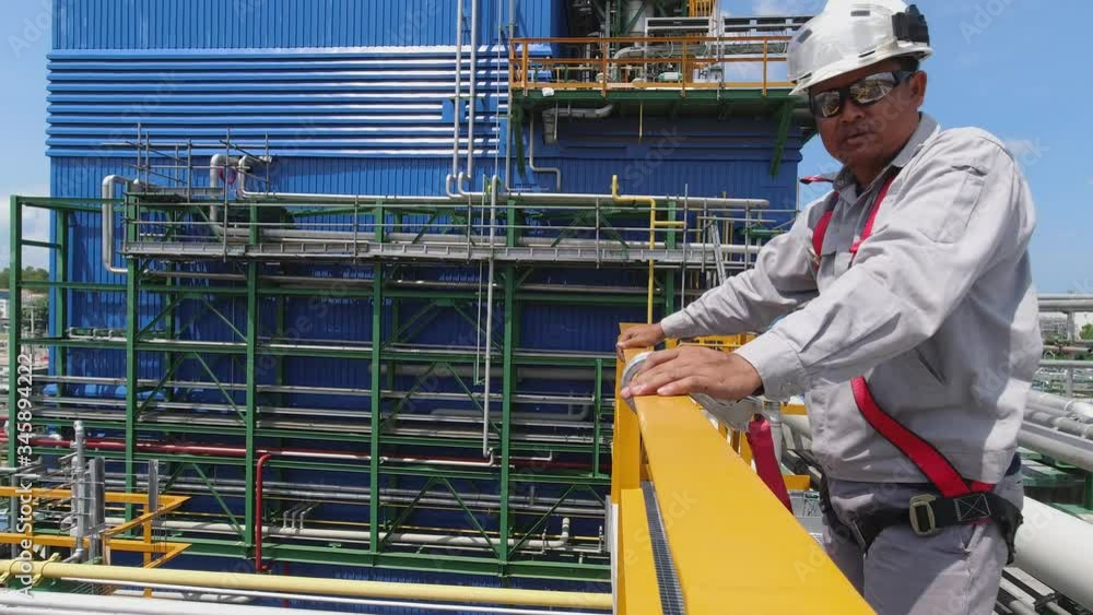 A worker wearing a safety belt climb on a ladder for working at height ...