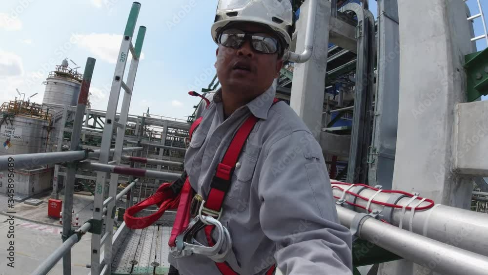 A worker wearing a safety belt climb on a ladder for working at height ...
