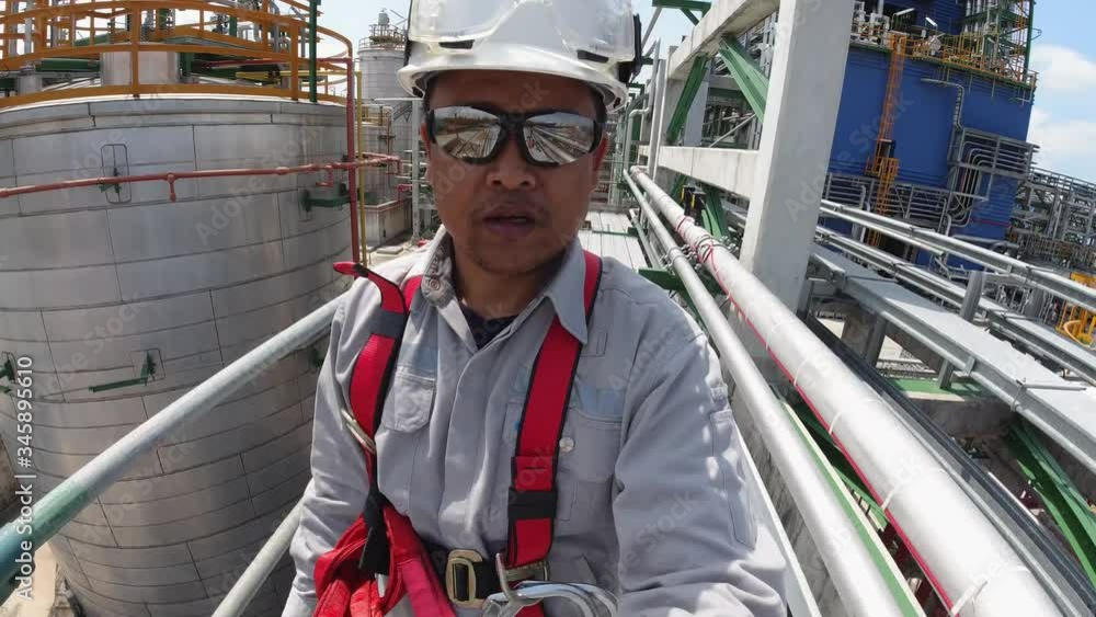 A worker wearing a safety belt climb on a ladder for working at height ...