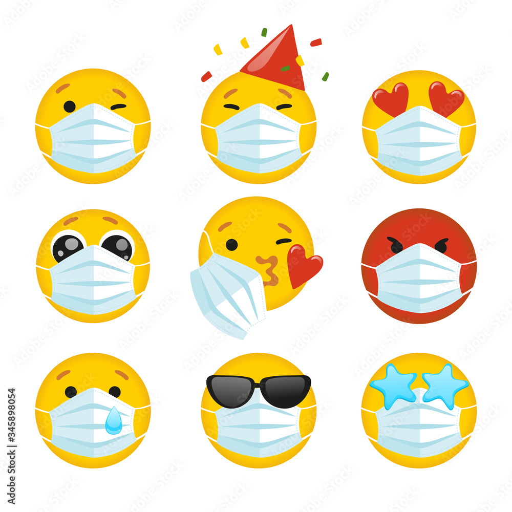 Set of emoji with a medical mask on the face. Different round yellow ...