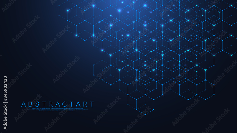 Hexagons abstract grid background with connected lines and dots. Hex digital pattern with subtle ...