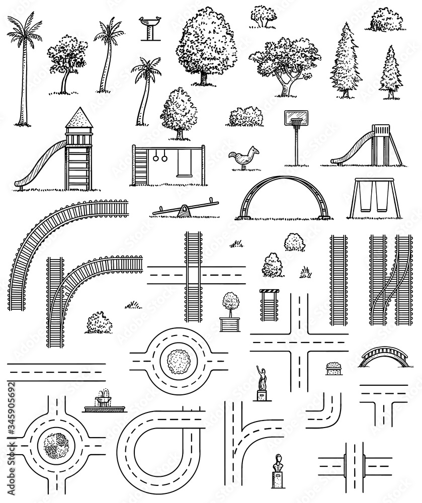City map elements illustration, drawing, engraving, ink, line art ...