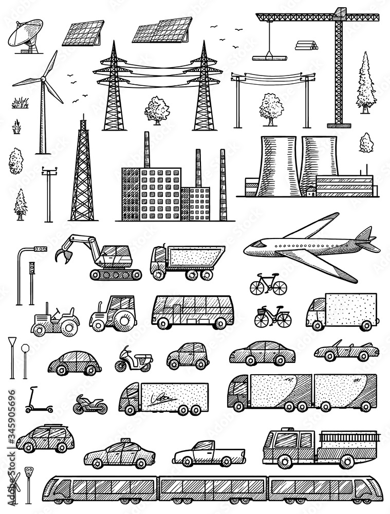 City map elements illustration, drawing, engraving, ink, line art ...