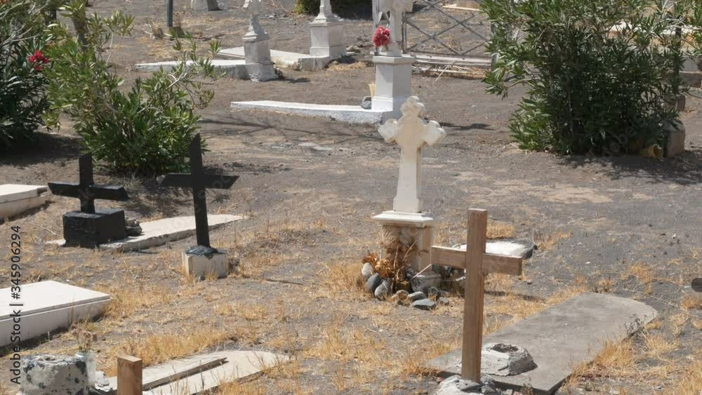 Grave on traditional European cemetery. Aged crosses tomb stone on ...