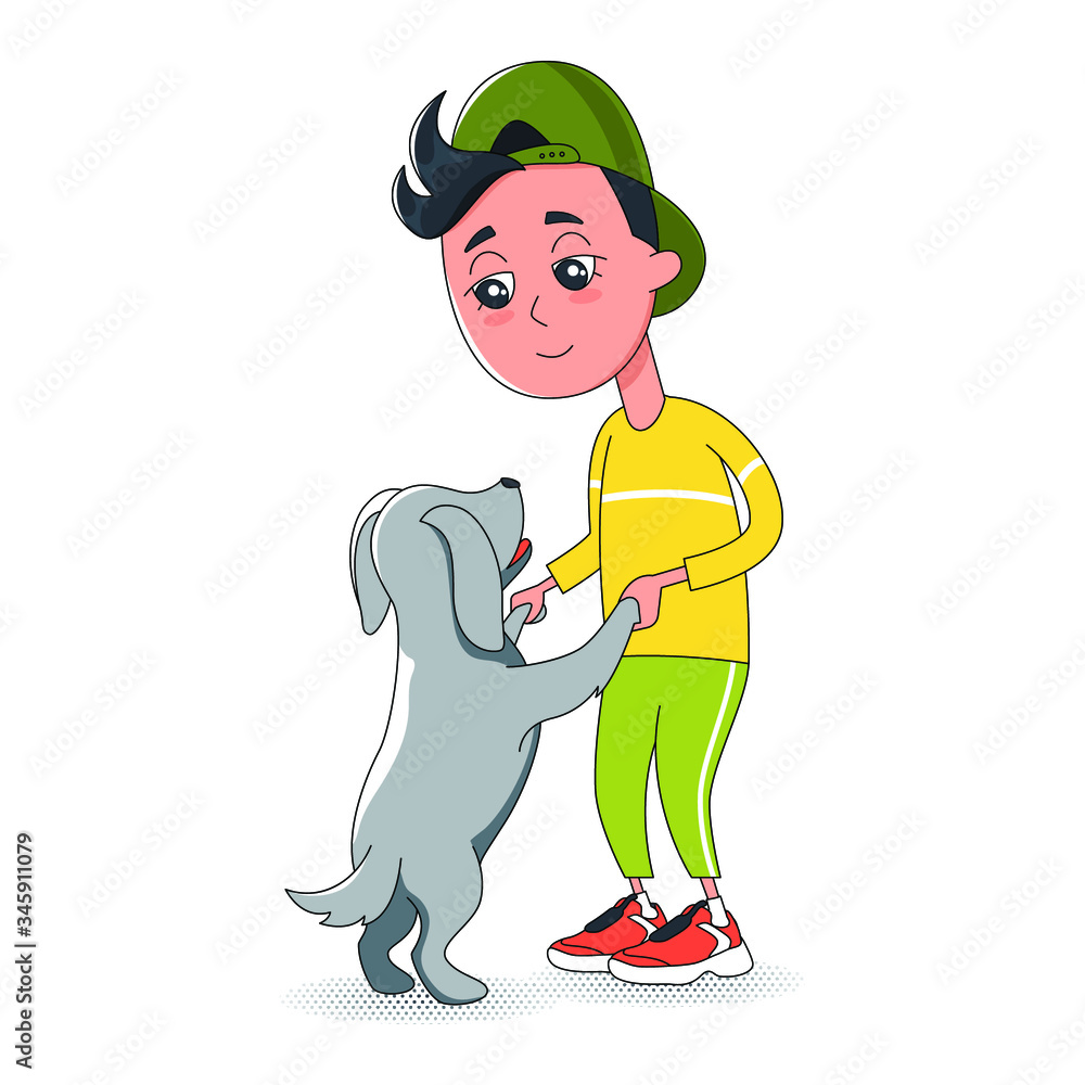 teenage boy holding his pet dog like they are dancing together. playing ...
