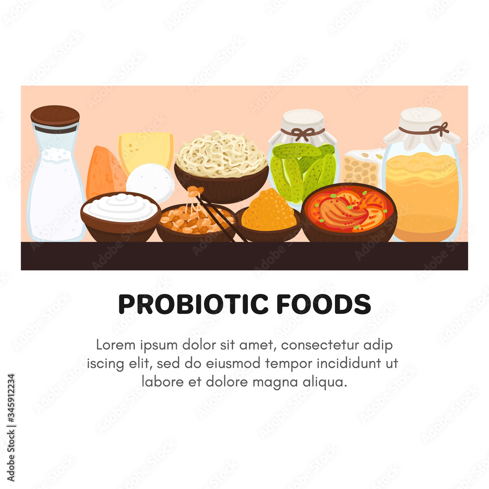 Vector probiotic foods. Best sources of probiotics. Beneficial bacteria ...
