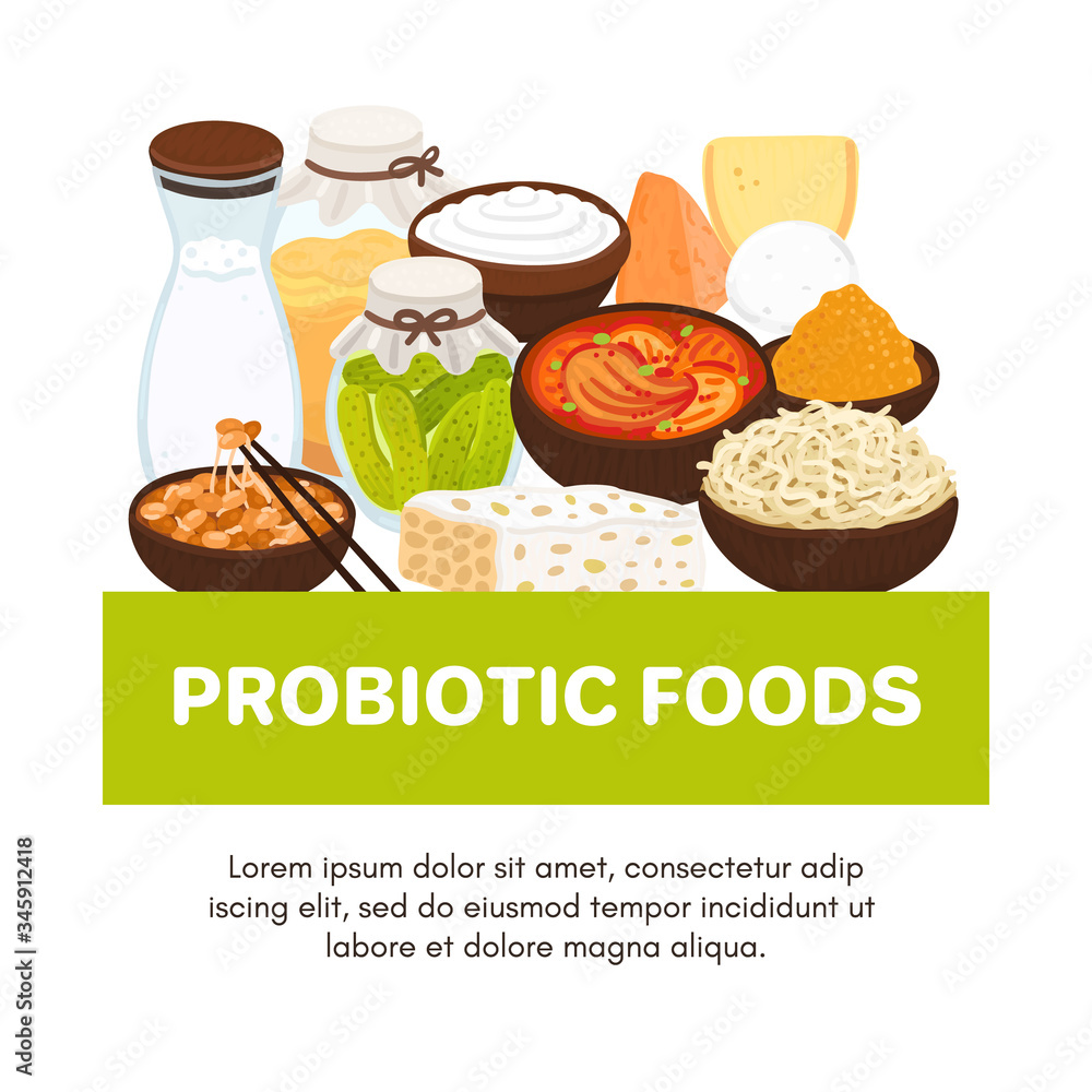 Vector probiotic foods. Best sources of probiotics. Beneficial bacteria ...