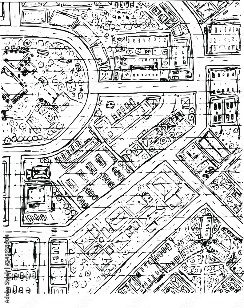 drawn city overview map roofs roads block paper illustration complex ...