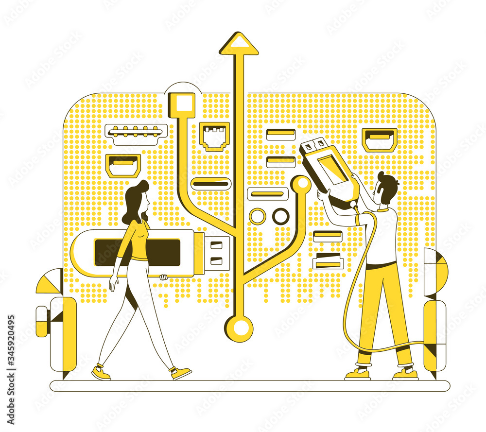 USB memory stick thin line concept vector illustration. People with ...