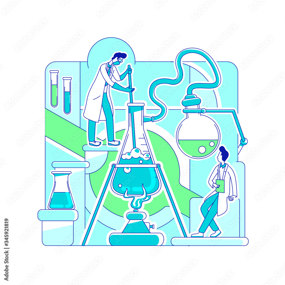 Chemical reaction thin line concept vector illustration. Scientists ...