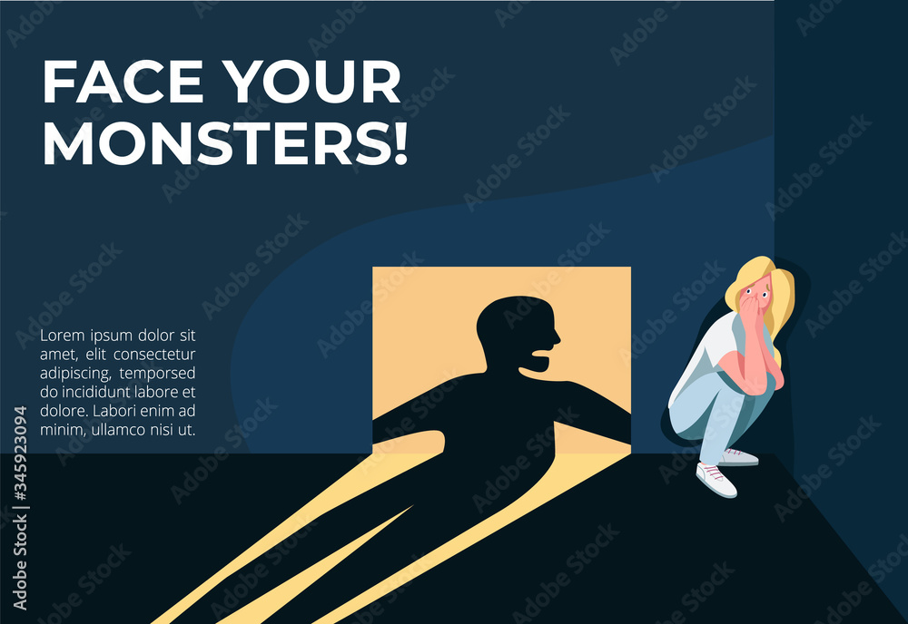 Face your monsters banner flat vector template. Panic attack brochure, poster concept design ...