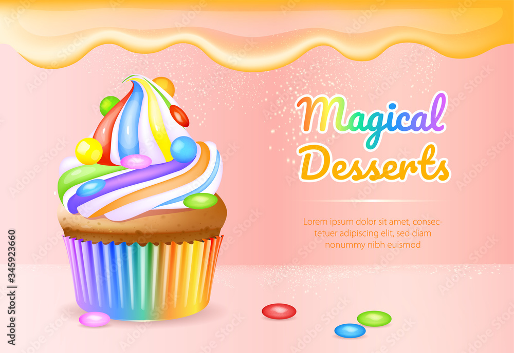 Magical desserts realistic vector product ads banner template. Cupcake ...