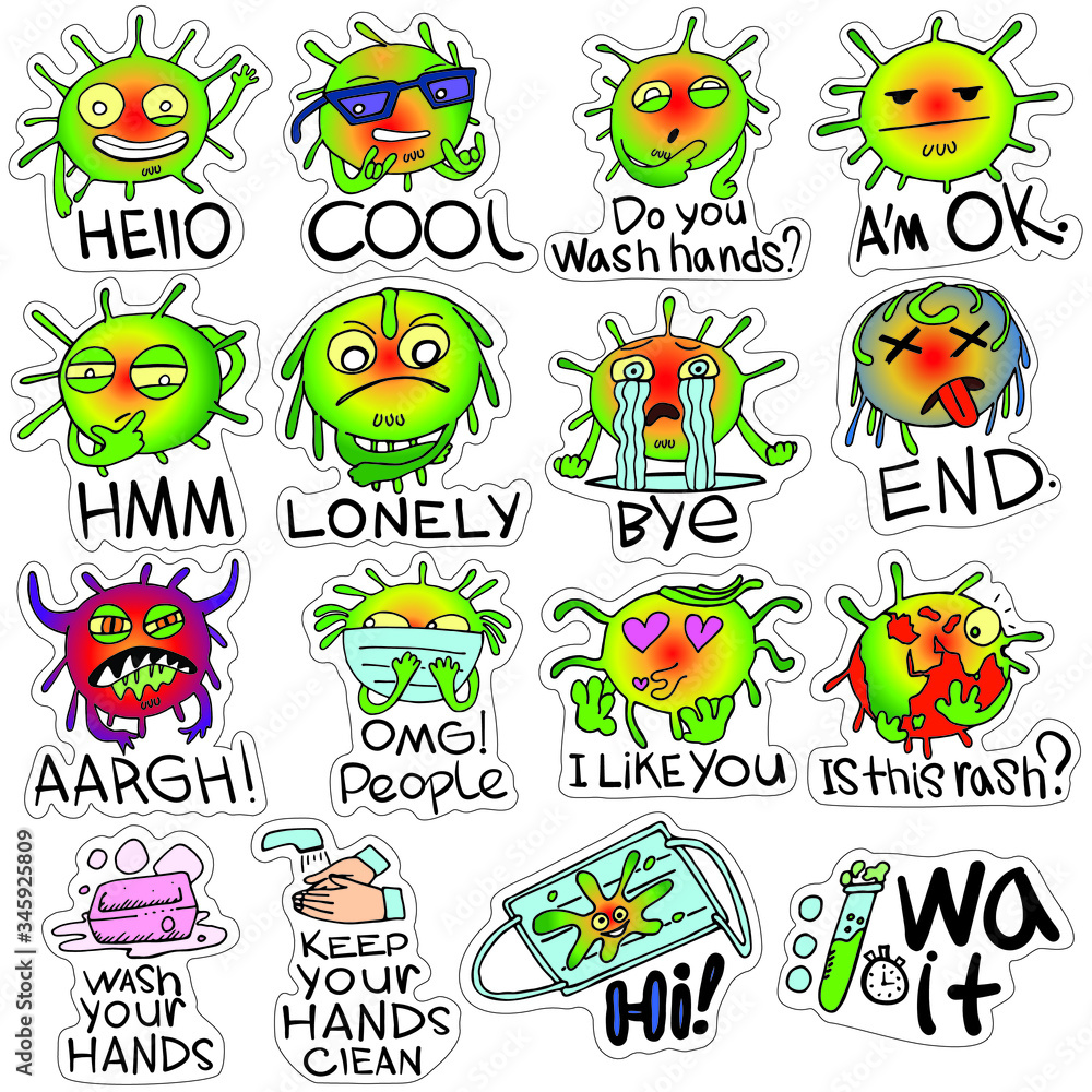 Cartoon stickers with coronavirus. Funny character microbe set. Vector ...