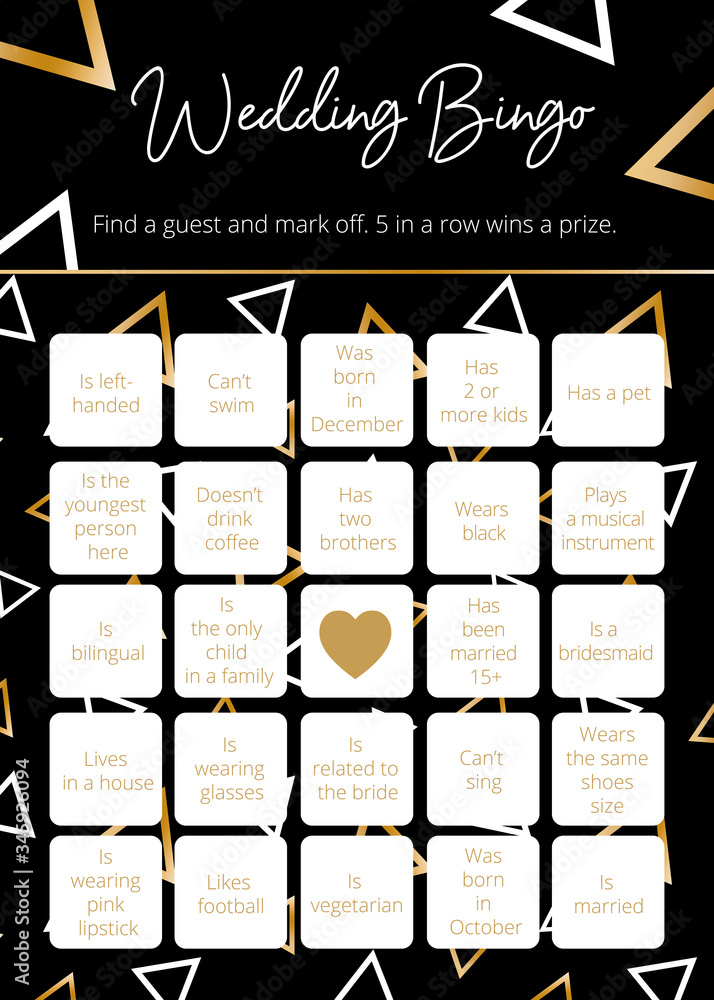 Luxury wedding bingo tickets for fun party. 5 in row game for guests ...