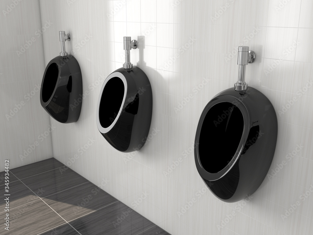 Black ceramic urinals hanging on the wall in public toilet. Front view ...