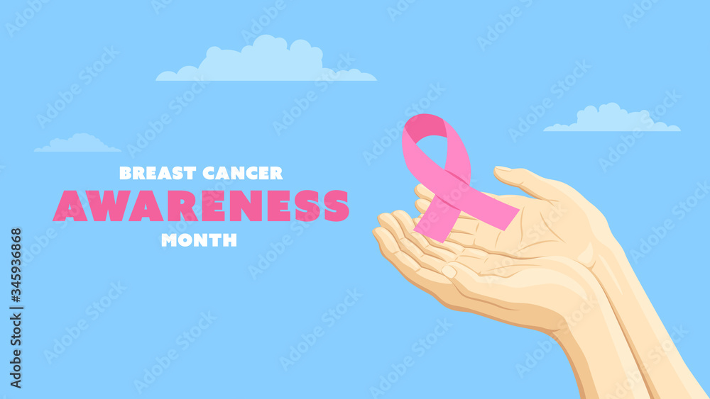 Detailed Flat Vector Illustration Of Two Hands Holding A Pink Ribbon