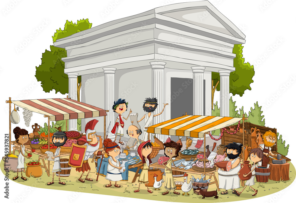 Ancient civilization with people working. Greek roman retro vintage ...