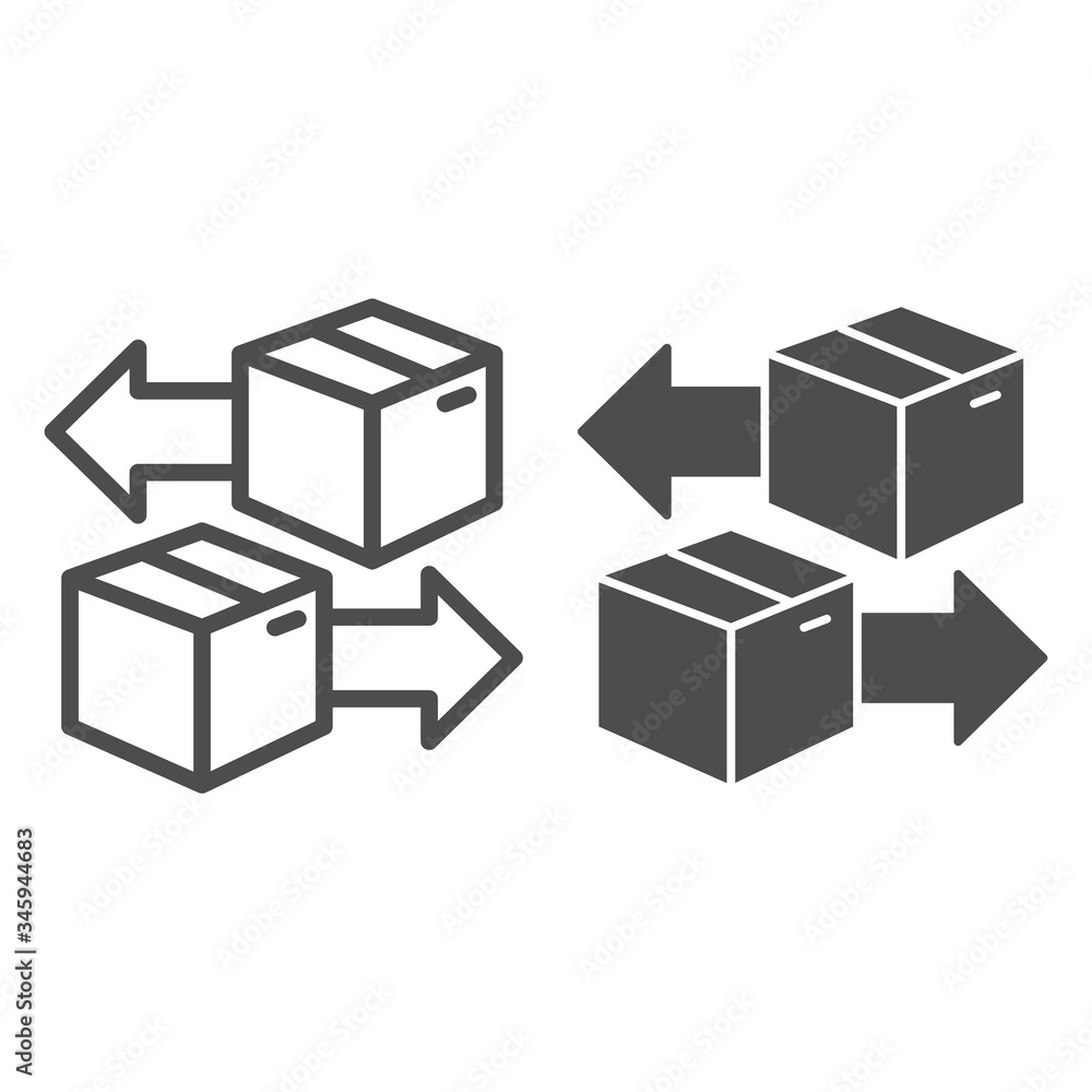 Cardboard boxes with arrows line and solid icon, delivery and logistics ...