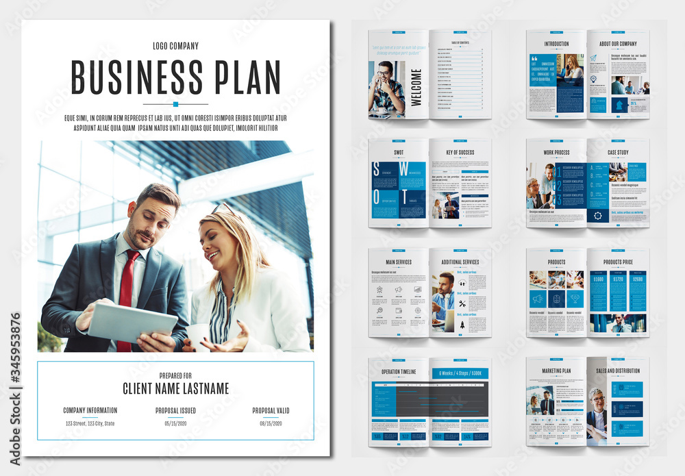 Business Plan Layout with Blue Accents Stock Template | Adobe Stock