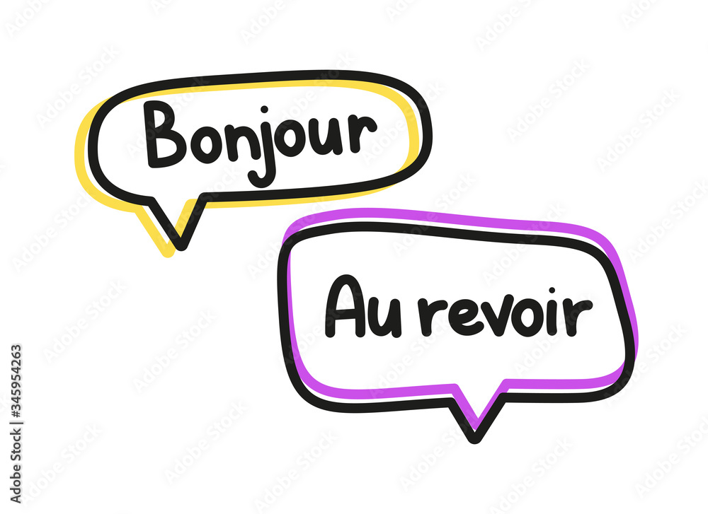 Bonjour au revoir. Handwritten lettering illustration. Black vector ...