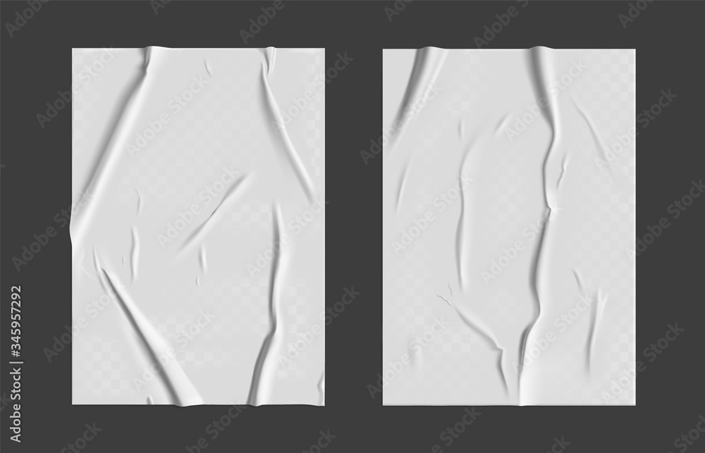 Glued paper set with wet transparent wrinkled effect on gray background ...