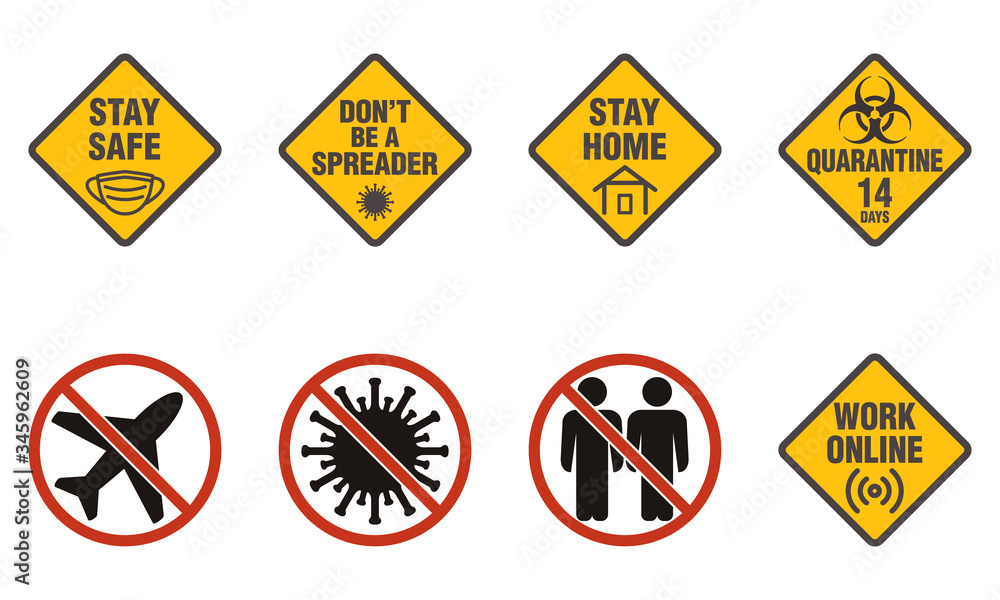 set of Coronavirus Covid-19 icons as traffic signs, illustrating stay ...