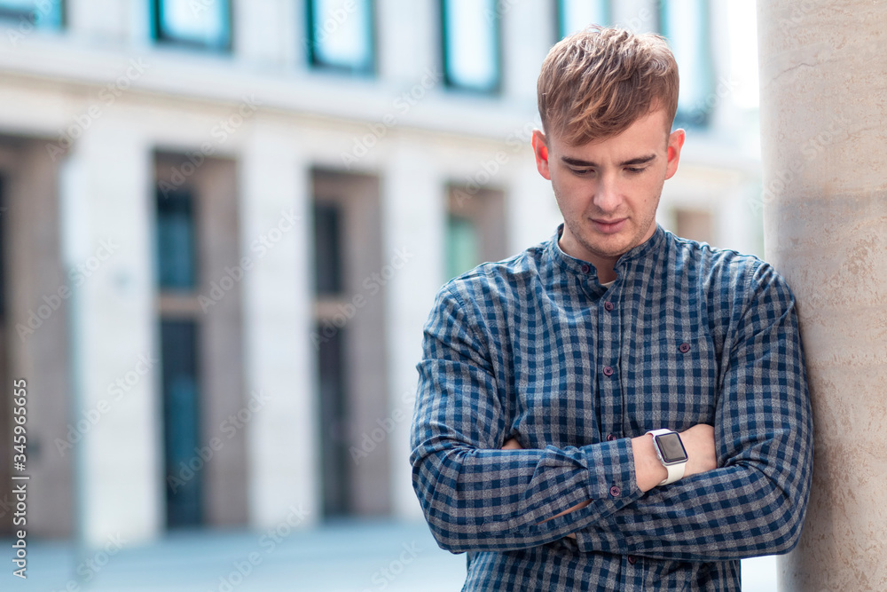 Sad pensive thoughtful guy, young handsome upset frustrated man in ...