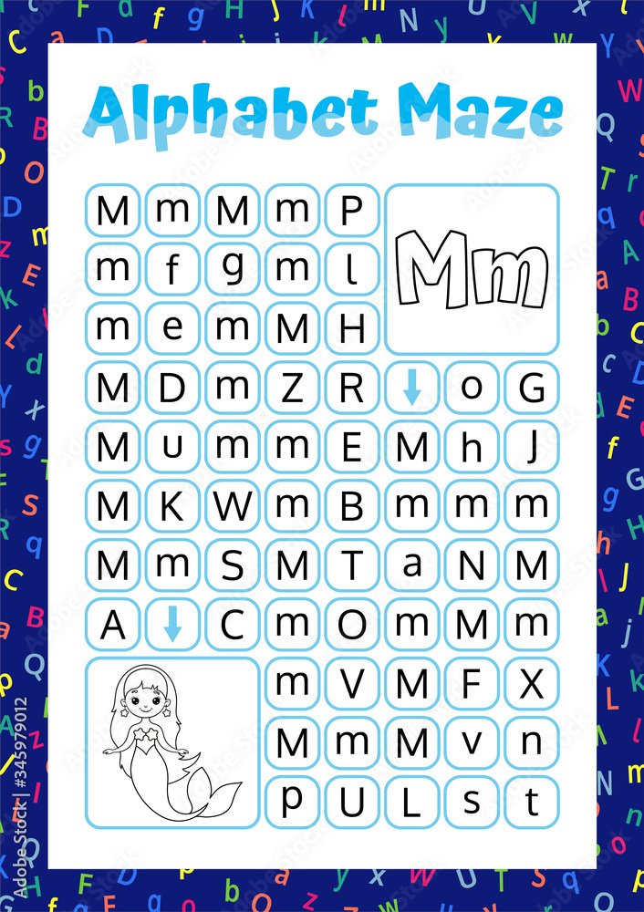 Alphabet Maze. Letter M - Mermaid. Educational Puzzle Worksheet. Vector ...