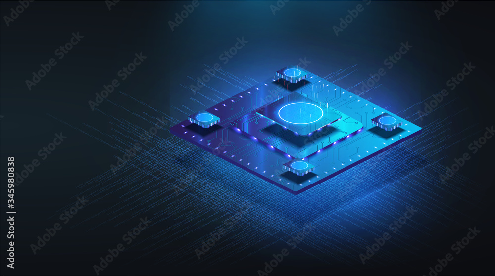 Futuristic microchip processor with lights on the blue background. Quantum computer, large data ...