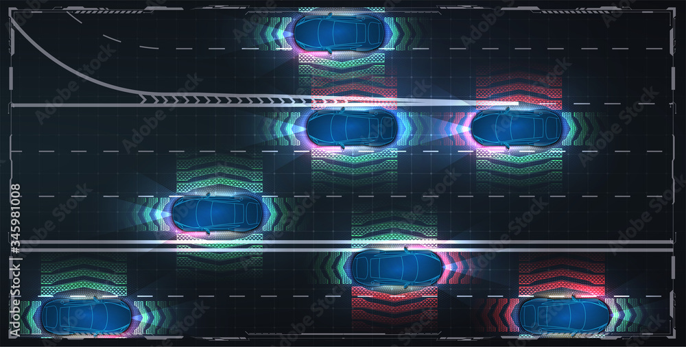 Smart cars driving on the road, driverless vehicles, top view. ADAS ...