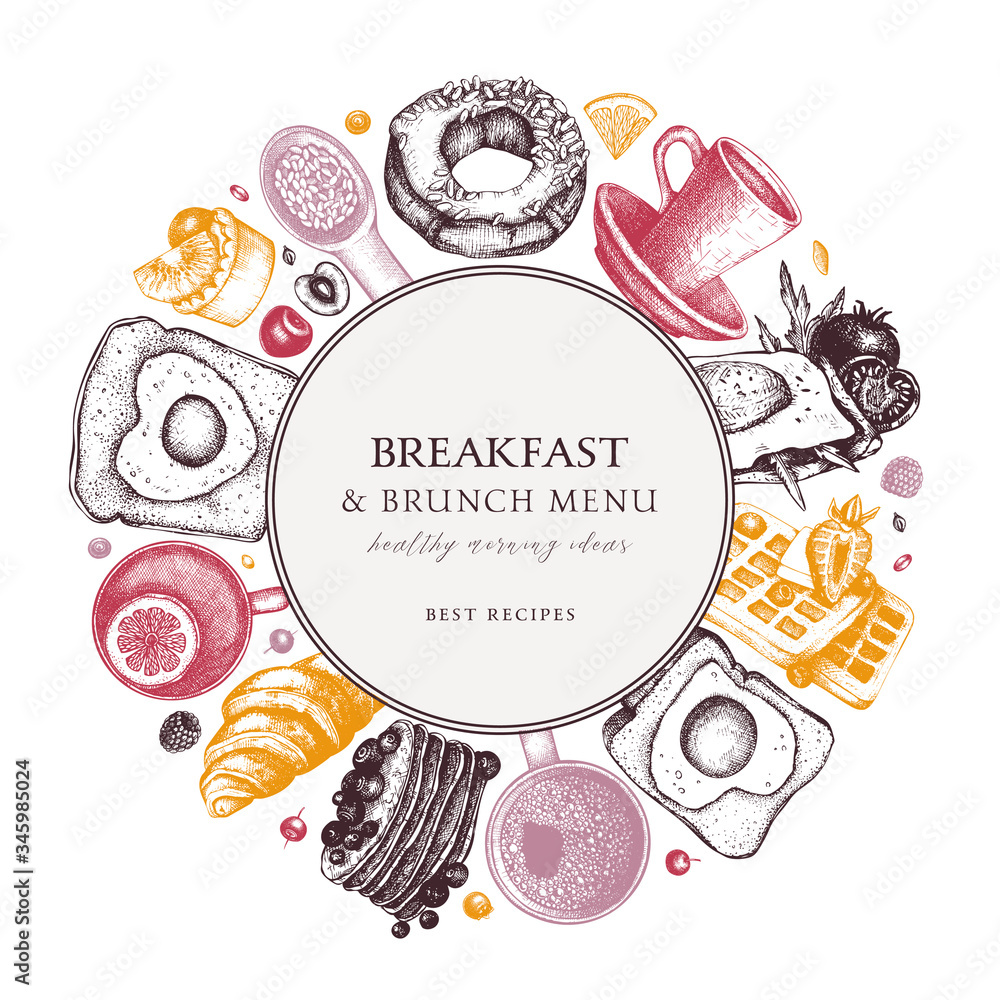 Breakfast table wreath in color. Morning food and hot drinks menu ...