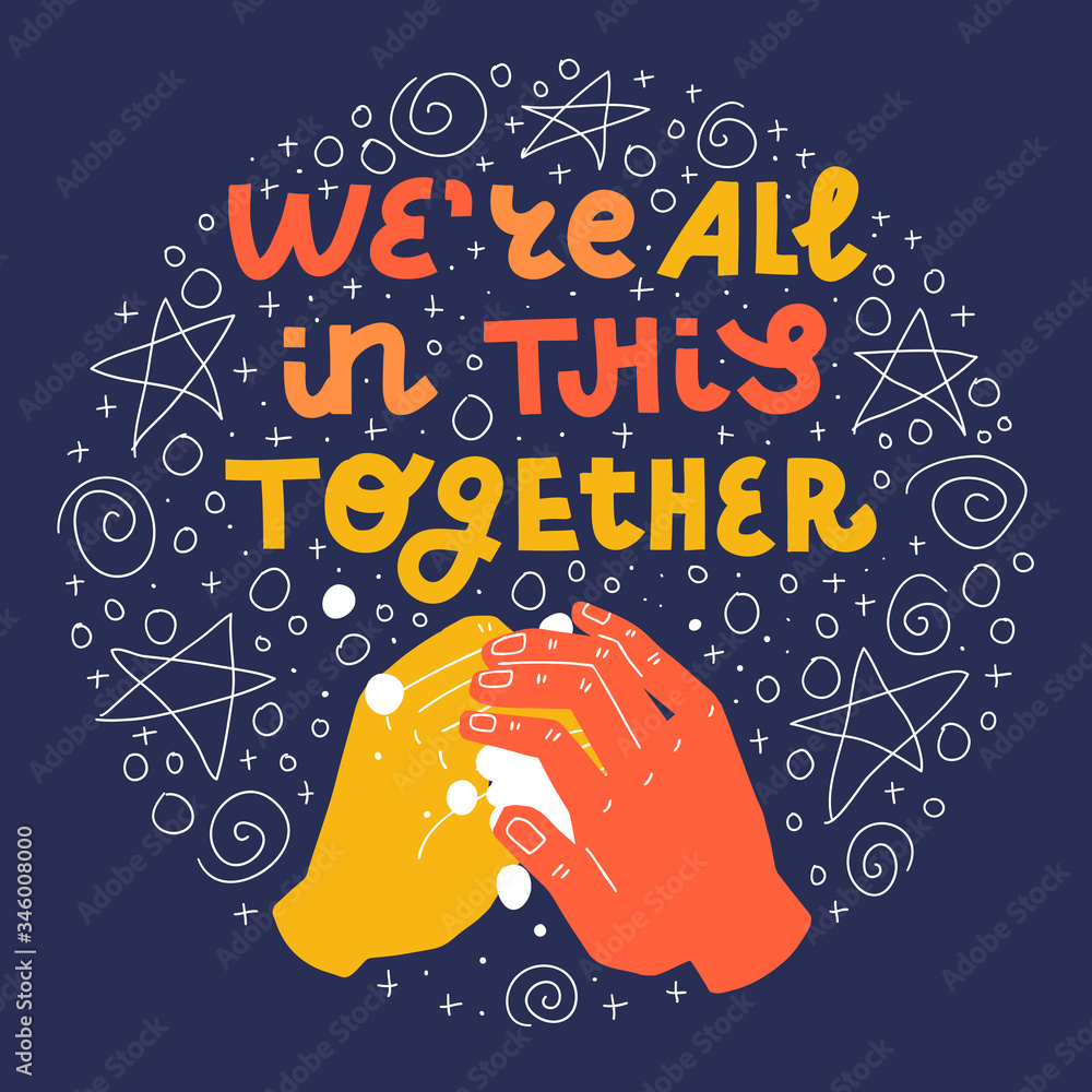 We're all in this together. Round doodle illustration of washing hands ...