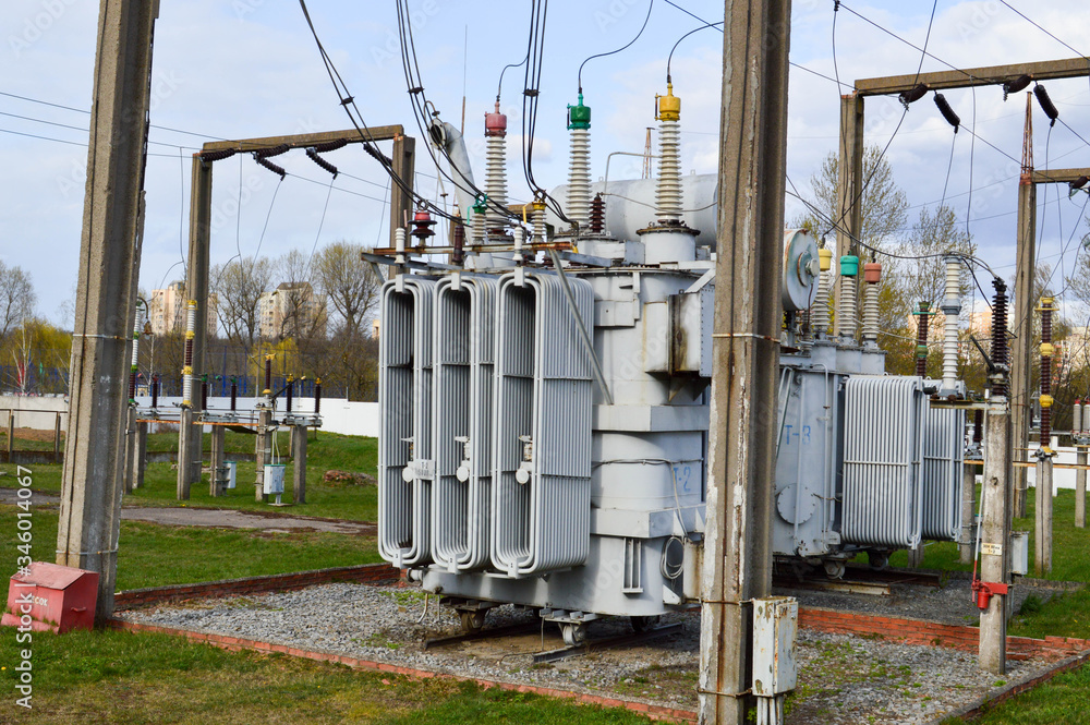 Large industrial iron metal transformer substation with transformers ...