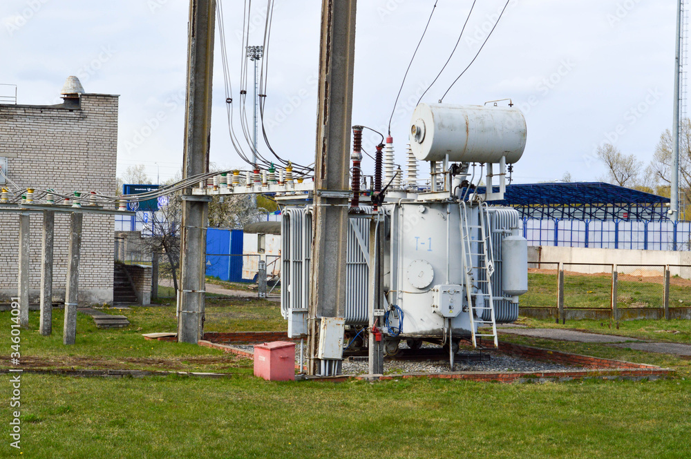 Large industrial iron metal transformer substation with transformers ...