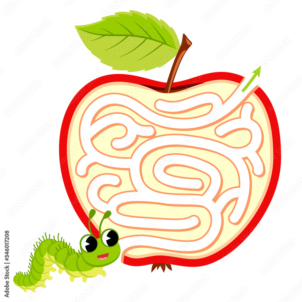 Help caterpillar find path through apple. Labyrinth. Maze game for kids ...