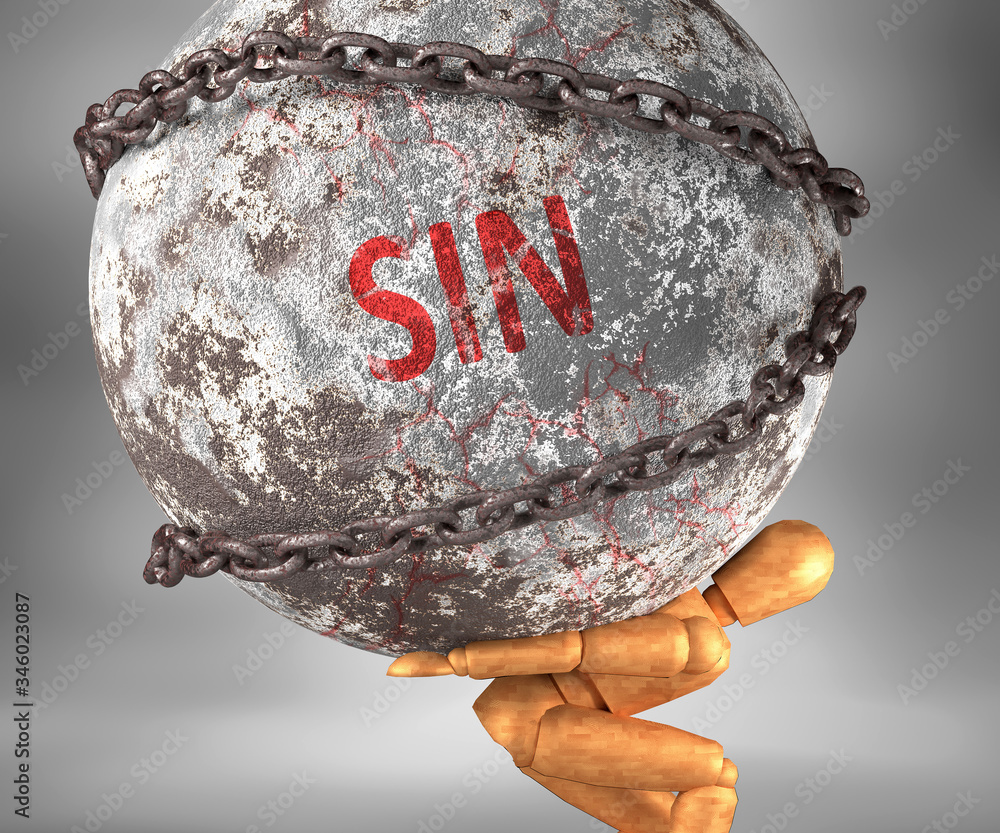 Sin and hardship in life - pictured by word Sin as a heavy weight on ...