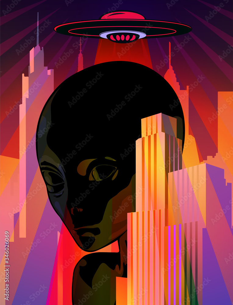 Alien visitor come to city, UFO, alien and cityscape. Vector image ...
