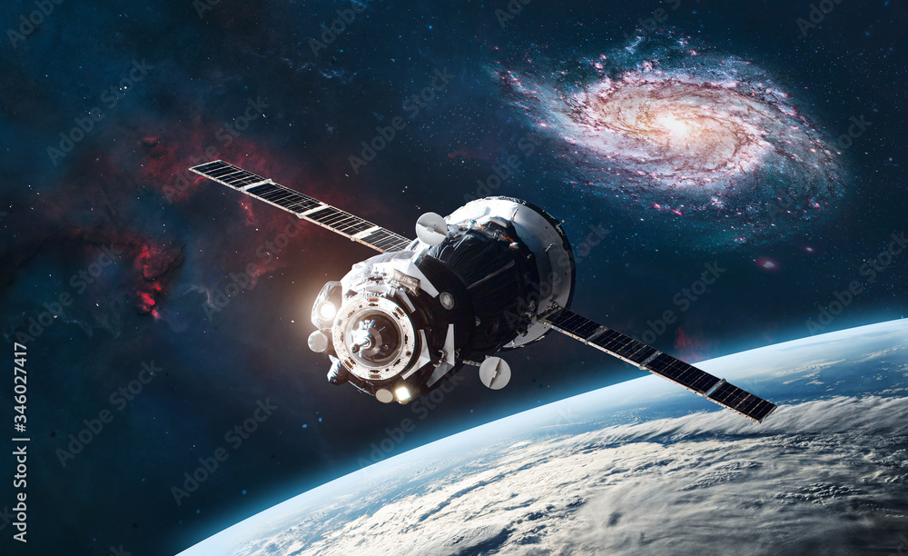 Epaceship and Earth planet in dep space. Galaxy and nebula on ...