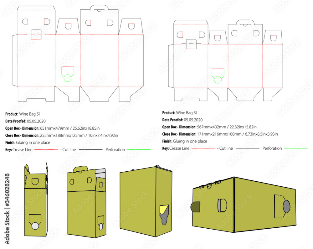 Two wine bag box 5 liters and 3 liters Packaging template die cut ...