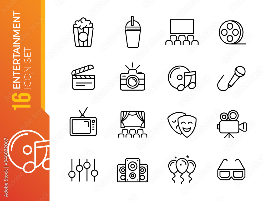 Poster Entertainment icon set - outline icon collection, vector – Wall ...