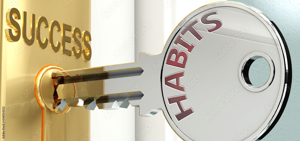 Habits and success - pictured as word Habits on a key, to symbolize ...