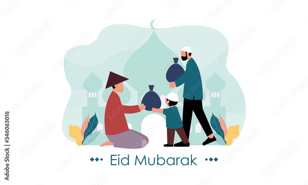 Moslem man giving foods donation to poor people with eid mubarak ...