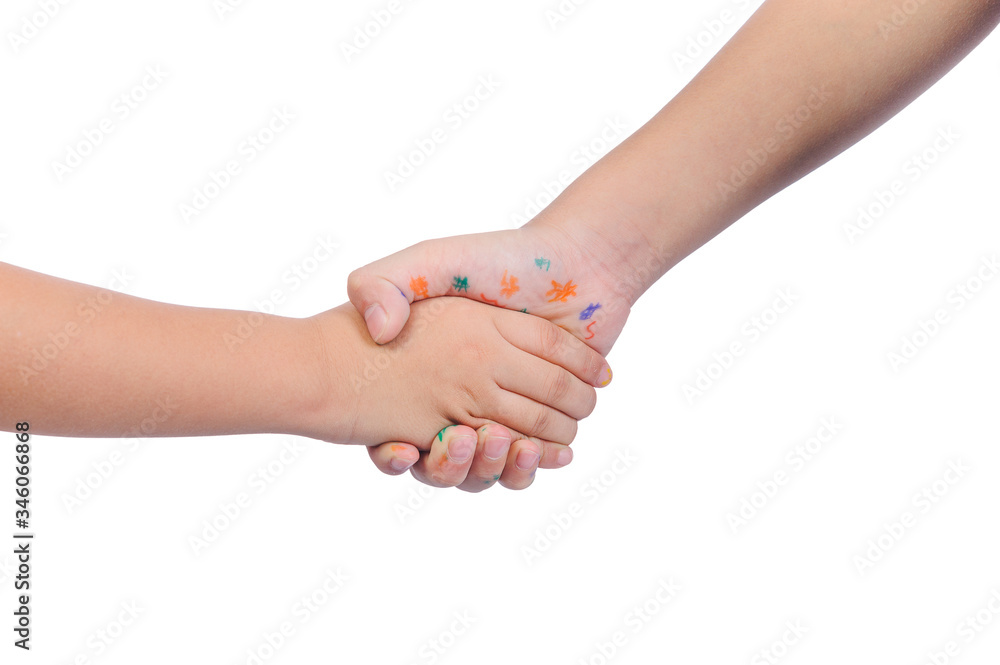 Baby health care for germs and touch concepts. Close-up hands of two ...